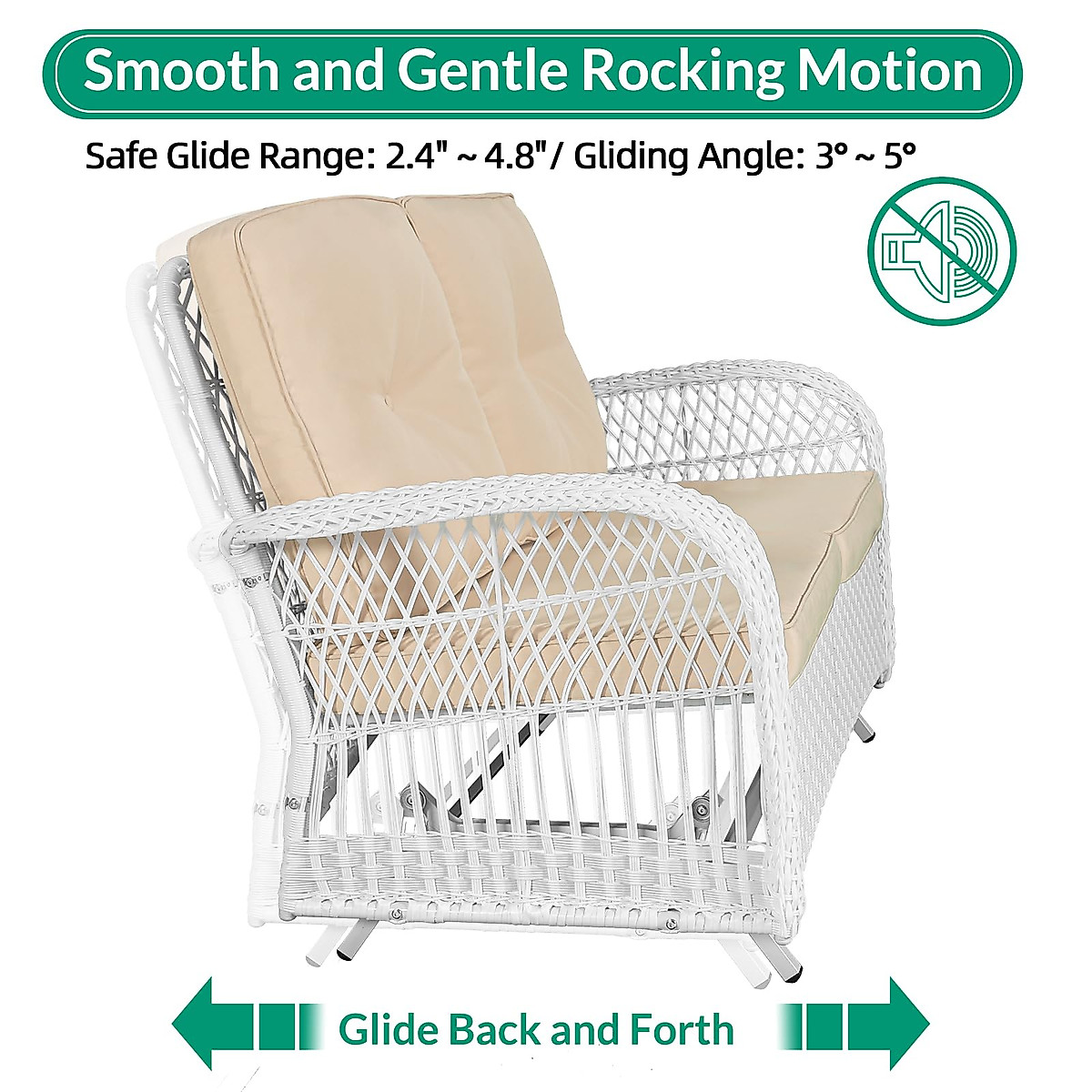 VIVIJASON 4-Piece Outdoor Patio White Wicker Conversation Sets, All Weather Outdoor Rattan Furniture Set Includes Glider Loveseat, Coffee Table, 2 Rocking Chairs with Cushions for Backyard, Beige