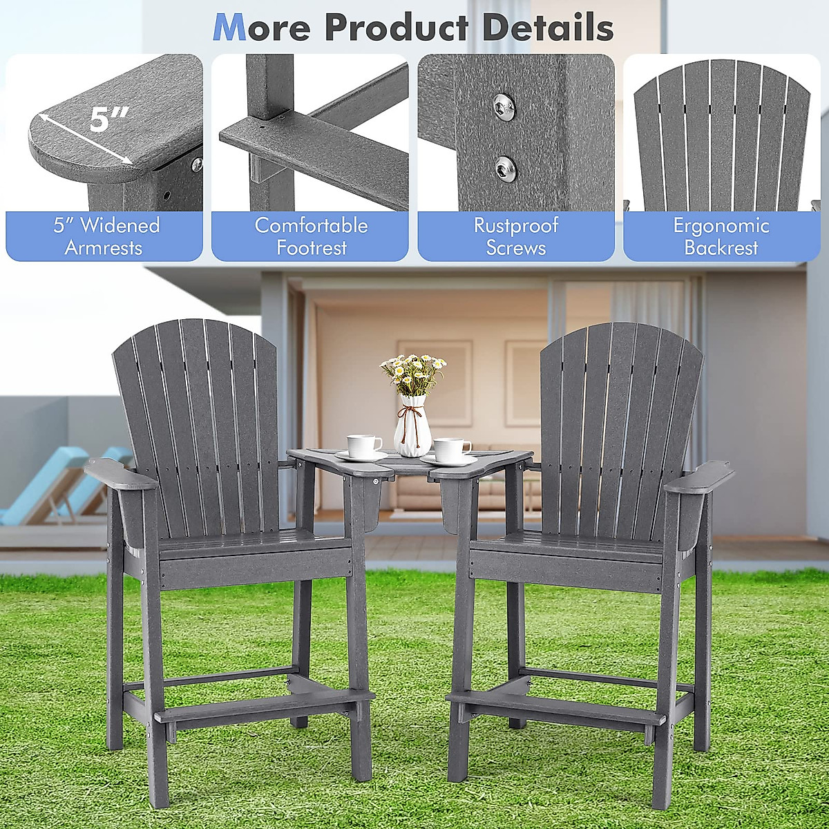 Giantex Tall Adirondack Chair Set of 2 - Outdoor HDPE Barstools w/Middle Connecting Tray & Umbrella Hole, Counter Height Bar Chair, Weather Resistant, Ideal for Patio, Backyard, Poolside (Grey)