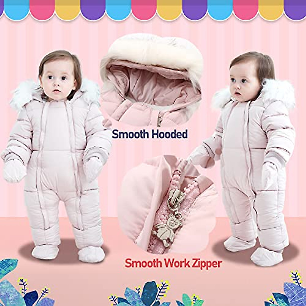 Baby Girls Winter Snowsuit Thicken Onesie Fleece Hooded Long Sleeve Down Coat Newest Baby Romper for 18-24 Months Girls Pink（A1）