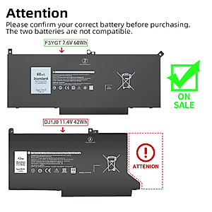 POWERWOO F3YGT Replacement Battery for Dell Latitude 7480 7490 7280 7290 7380 7390 P29S002/14 P28S001 P73G P73G002 Series 453-BBCF 451-BBYE KG7VF DM3WC DM6WC V4940 2X39G - high Performance 60Wh 7.6V