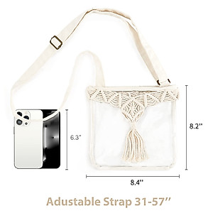 Mkono Clear Bag Stadium Approved Boho Clear Crossbody Purse with Macrame Tassel PVC Transparent Shoulder Bag for Concerts, Festivals, Gym or Work