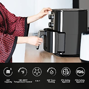 Air Fryer, WETIE 4 Quart Small Air Fryer, 5-in-I Less Oil Airfryer, 1400W Air Fryer Oven Pizza Cooker, Non-Stick Fry Basket, Over Heat Protection, Timer+Temperature Control Air Fryers(Black)