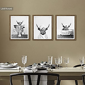 YLYYOO Funny Highland Cow Bathroom Wall Art,black and White Canvas Wall Art Farmhouse Bathroom Wall Decor,highland Cow Pictures Prints for Wall Decor Set of 3 Unframed. (Black,3PCS-12"x16"-Unframed)
