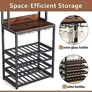 Tribesigns 32 Bottle Wine Rack Freestanding Floor, 7-Tier Wine Storage Display Shelves with Glass Holder, Wine Bar Cabinet Bottle Holder Organizer Stand for Kitchen Bar Dining Room (Rustic Brown)