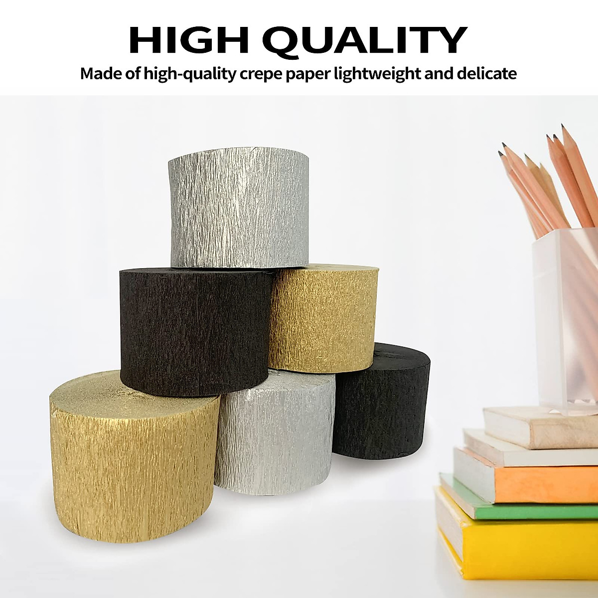 Crepe Paper Streamers 6 Rolls 492ft, Pack of 2 Gold, 2 Silver, 2 Black - Streamers Party Decorations Streamers (1.8 Inch x 82 Ft/Roll),for Party Decorations Birthday Decorations, Wedding Decorations