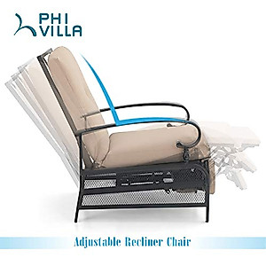 PHI VILLA Adjustable Patio Recliner Chair Metal Outdoor Lounge Chair with Removable Cushions Support 300lbs, Beige