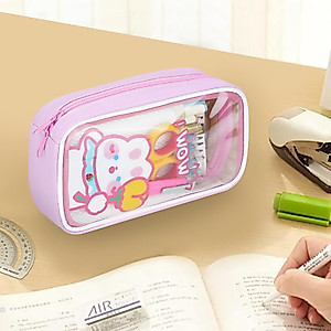 DSIOHFEI 3PC Clear Pencil Case, Kawai Stationery Storage Pouch, Aesthetic Large Capacity Pen Pencil Holder Bag, Waterproof Zippered with Cute Pins Pendant, Make up Bag Suit for Women
