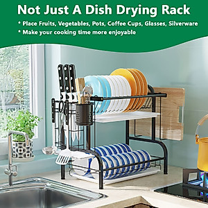 C&AHOME 2-Tier Dish Drying Rack, Large Capacity Stainless Steel Dish Drainer with Utensil Holder, Knife Holder, Cutting Board Holder, 3 Removable Drain Board and Adjustable Feet for Kitchen Black