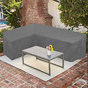 SUNSURE Patio L-Shaped Sectional Couch Sofa Cover Waterproof Outdoor Furniture Cover 420D Heavy Duty V-Shaped Sectional Couch Cover Gray Lawn Garden Furniture Set Covers with Buckle Strap (87"x112")