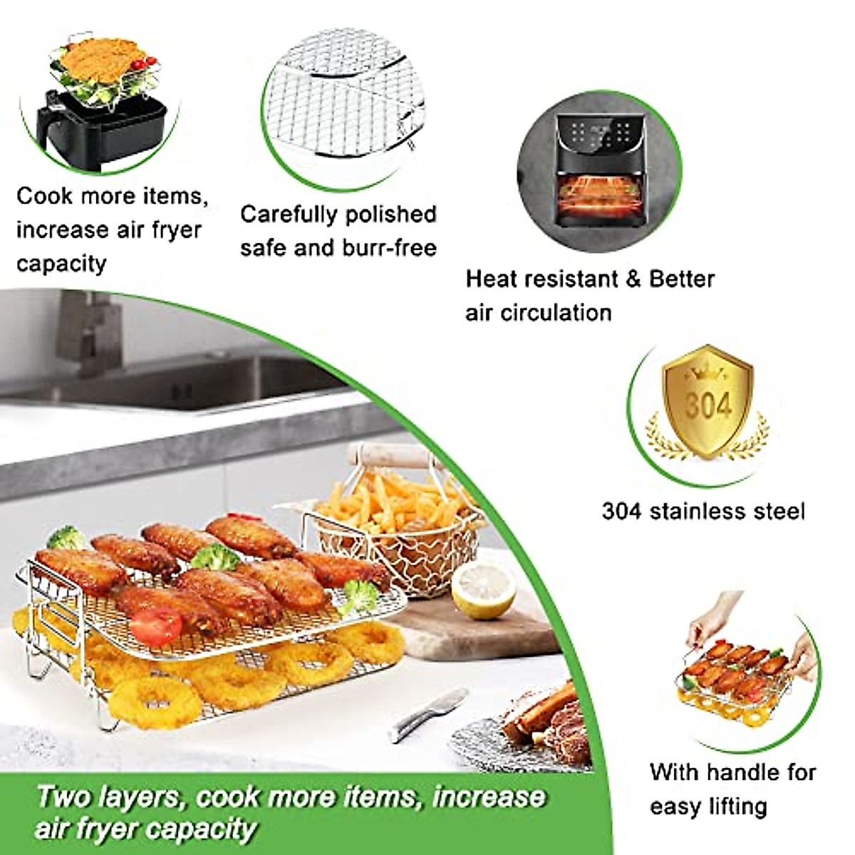 BYKITCHEN Square Air Fryer Rack for Cosori, Instant Vortex, Nuwave Air Fryer, 2pcs 8 inch Stackable Multi-Layer Stainless Steel Dehydrator Rack, Ninja Foodi Grill Square Air Fryer Accessories