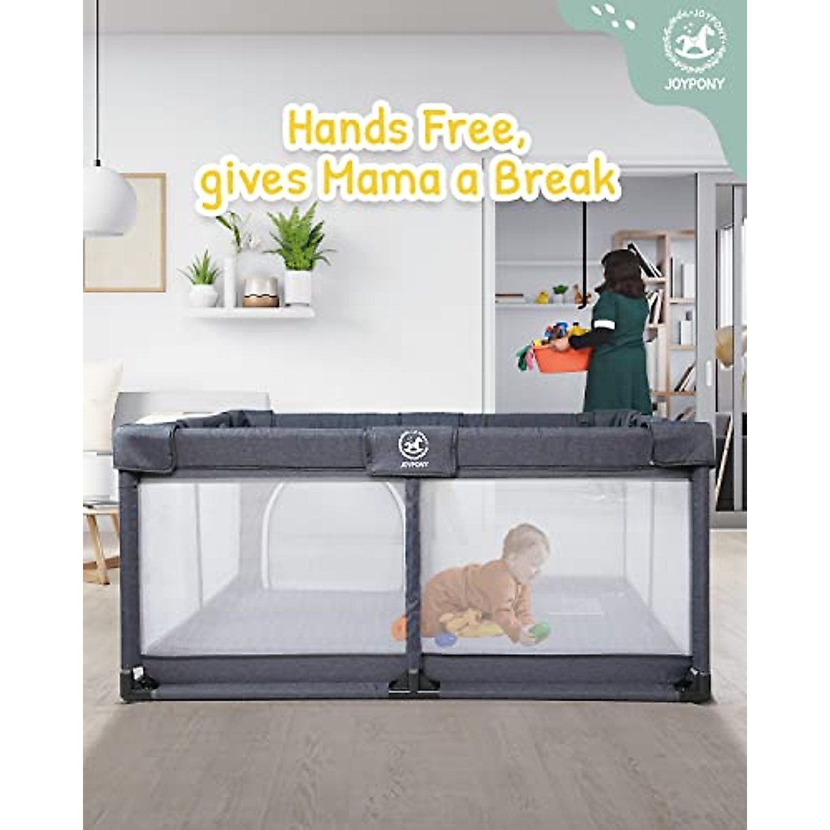 Joypony Baby Playpen, (50x50x27inch) Large Playpen for Babies and Toddlers, Sturdy Safety Play Yard for Infant, Indoor & Outdoor Play Pen with Gate, Baby Fence with Soft Breathable Mesh, Hand Rings