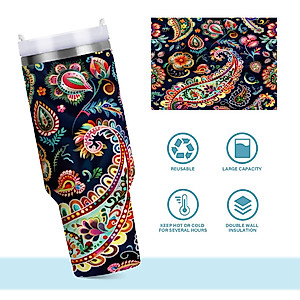 xigua 30 oz Paisley Flower Tumbler with Handle and Straw Lid, Stainless Steel Vacuum Insulated Sports Water Bottle, Keeps Cold or Hot Coffee Cup Travel Mug