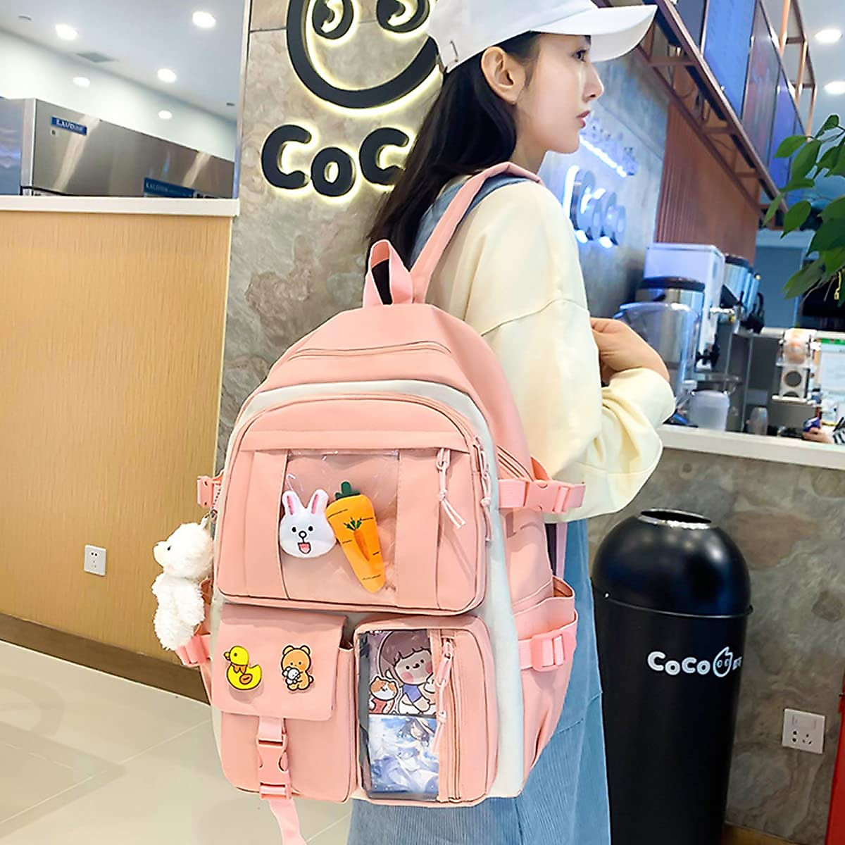 Nature Porter Kawaii Backpack 5Pcs Set with Kawaii Pendants and Pins Accessories Aesthetic Backpack Cute Laptop Backpack Travel Bag