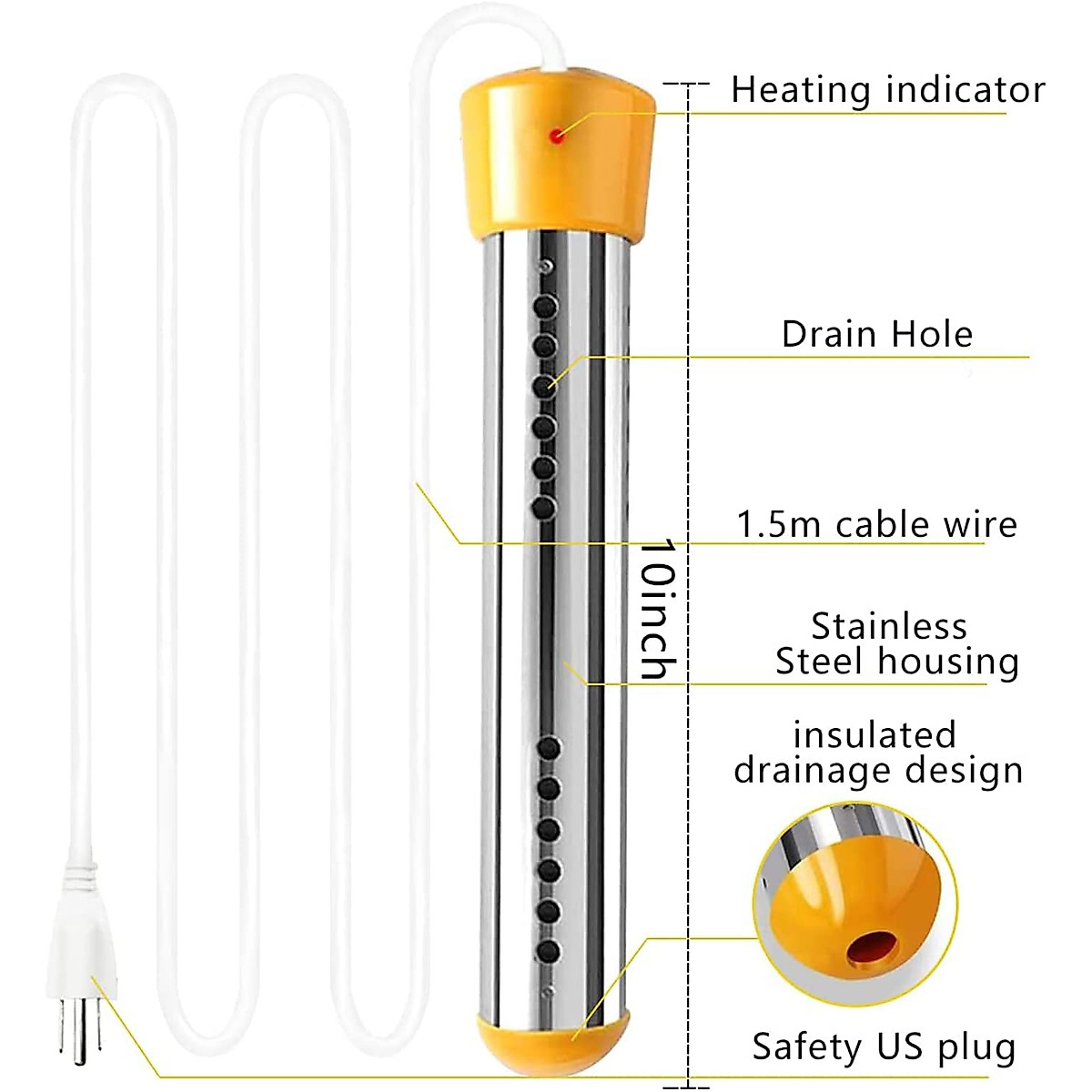 Memoryee Immersion Water Heater Portable Electric Stainless-Steel Heaters with Guard CoverSubmersible Home Instant Water Heater with and for Travel Camping Hot Bathtub Mini Inflatable Pool