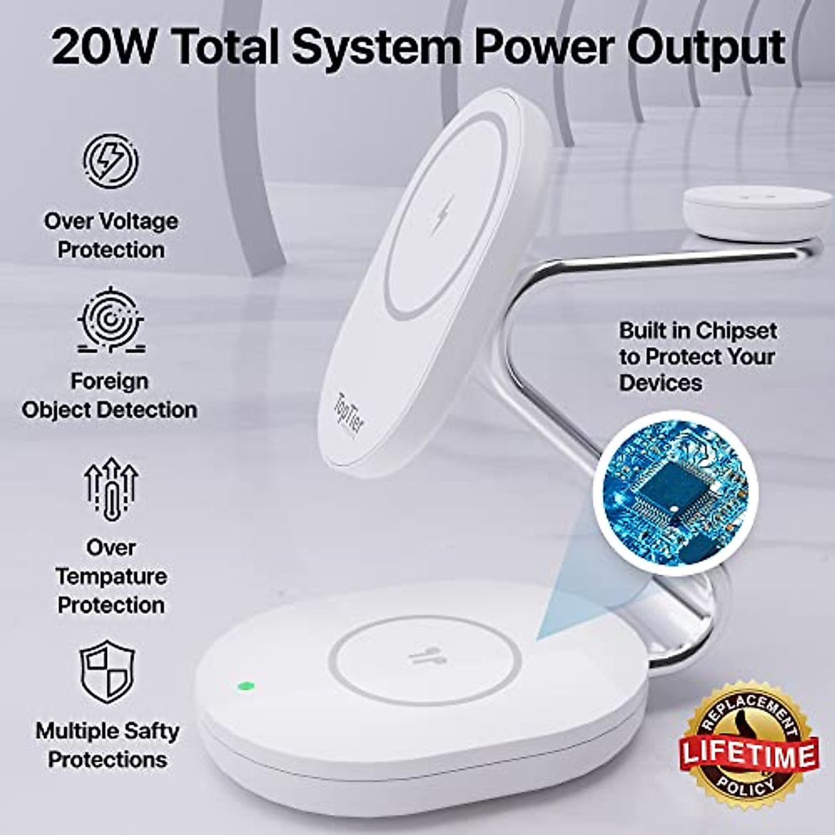 TopTier 3 in 1 Magsafe Wireless Charging Station, 20W Total,15W iPhone Max Charging, [MFI-Certified] Metal Design, iPhone Apple Watch Airpods, (White)
