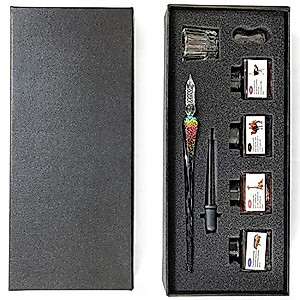 ESSSHOP Handmade Glass Dipped Pen and Ink Set - 15ml Color Inks, Pen Holder, Cleaning Cup, Ink Drip Tool, Crystal Signature Dip Pen for Art, Writing, Signatures, Calligraphy - Valentines Day Gifts Set