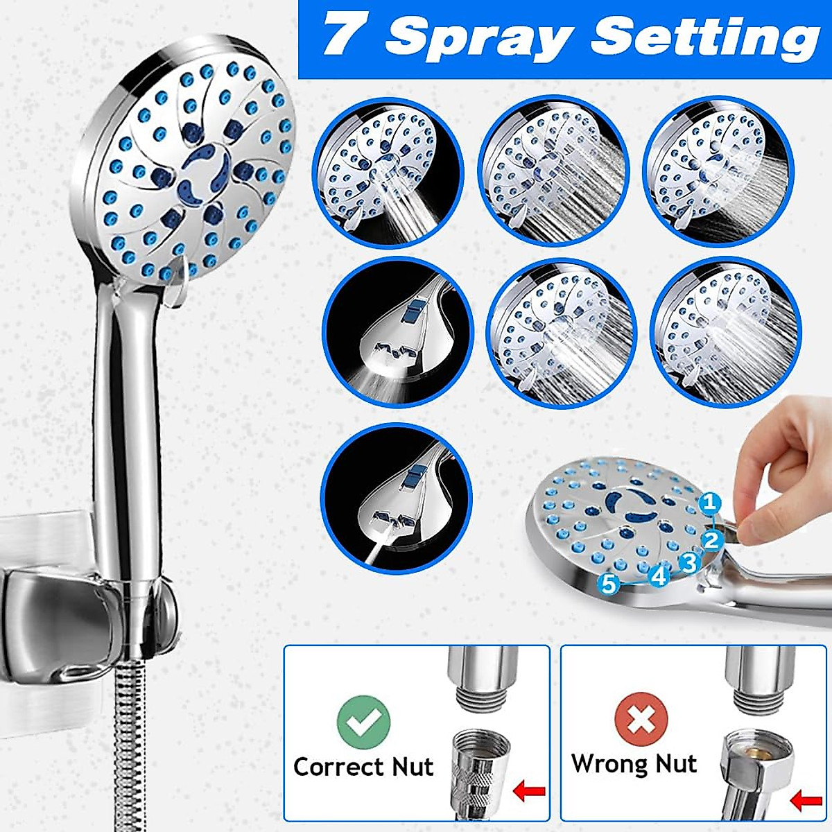 Amorix 12" Rain Shower Head with Handheld Spray Shower Heads Combo with 7 Setting Hand Held Shower Built-in 2 Power Wash, Rainfall Shower Head with One-piece Extension Arm, Hard Water Shower Filter