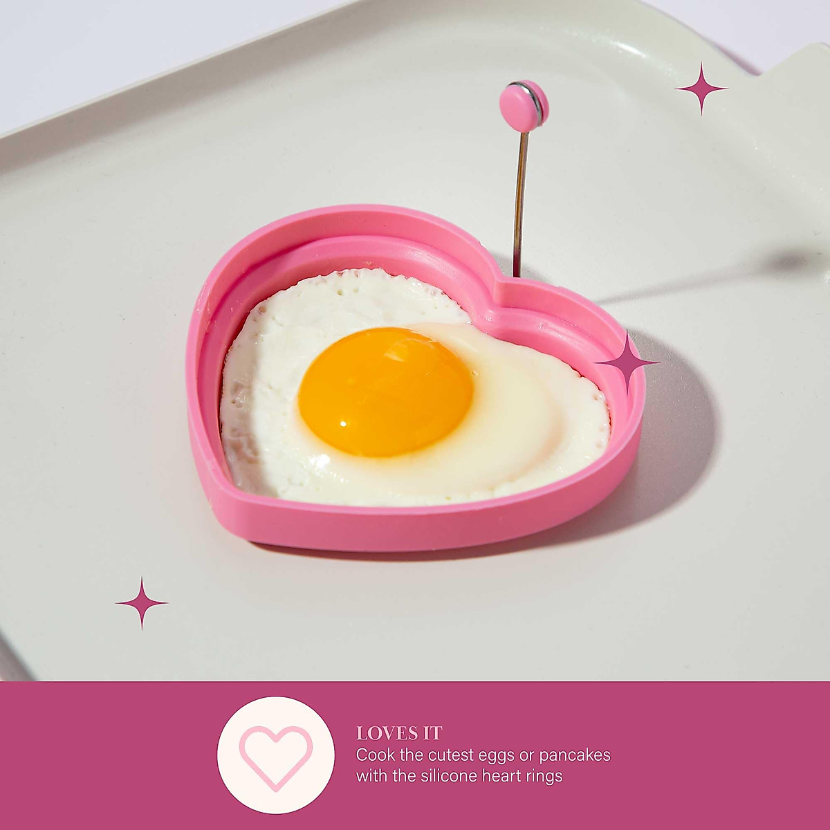 Paris Hilton Breakfast Ceramic Nonstick Cookware Set, Includes Square Griddle, Mini Heart Shaped Fry Pan and Two Silicone Heart Shaped Egg Rings, 4-Piece Set, Pink