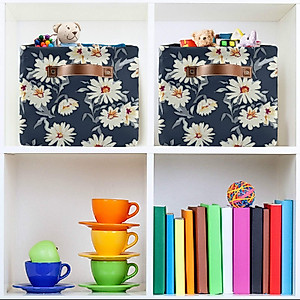 AUUXVA Floral Flower Daisy Leaves Pattern Storage Basket Large Foldable Storage Organizer Cubes Bins with Leather Handles Sturdy Collapsible Boxes for Shelf Cloth Toy Closet-2 Pack