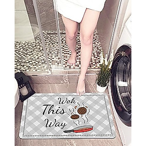 Gogobebe Super Absorbent Diatom Mud Mat Wok This Way Kitchen Sign Gray Checked Quick-Drying Thin Bath Mat Non-Slip Bathtub Mat Anti-Skid Rubber Bathroom Shower Mat 16x24in