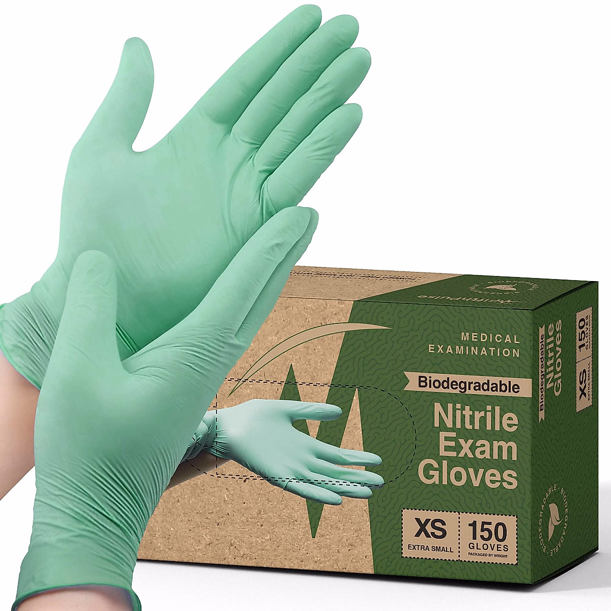 FifthPulse Biodegradable Disposable Nitrile Gloves X Small - 150 Count - Green Food Safe Cooking Gloves - Powder and Latex Free Gloves with Textured Fingertips - Home Cleaning Rubber Gloves