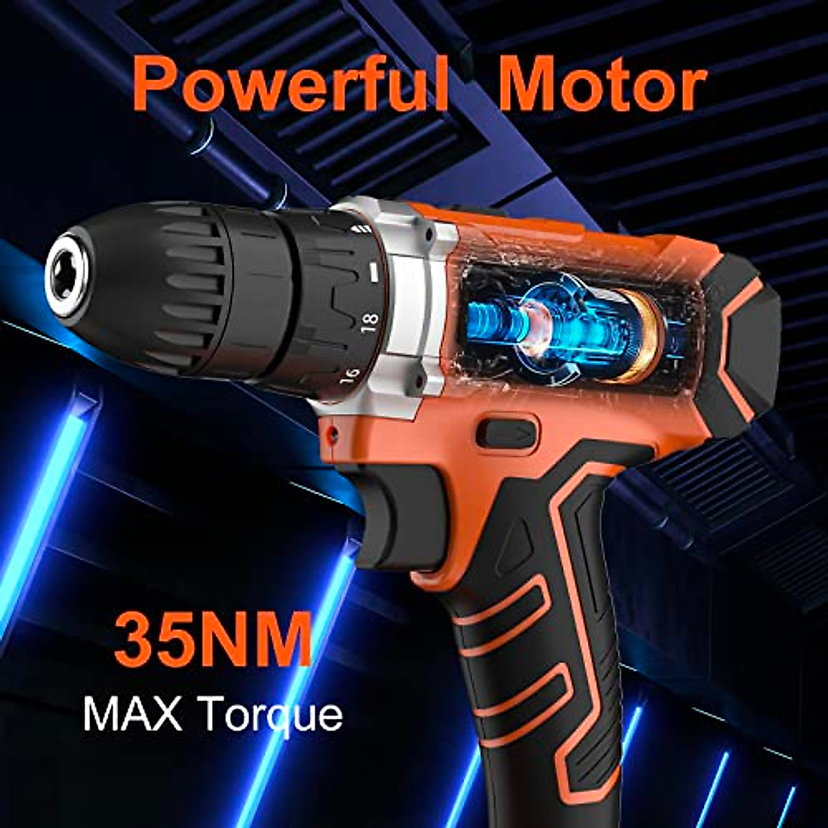 Cordless Drill, Bravolu 21V Cordless Electric Drill Set with 1 x 2Ah Battery, Torque 18 + 2, 310 in-lbs Max, 3/8-Inch Keyless Chuck 1500RPM 2 Variable Speeds and LED light, for Drilling Wood and Metal