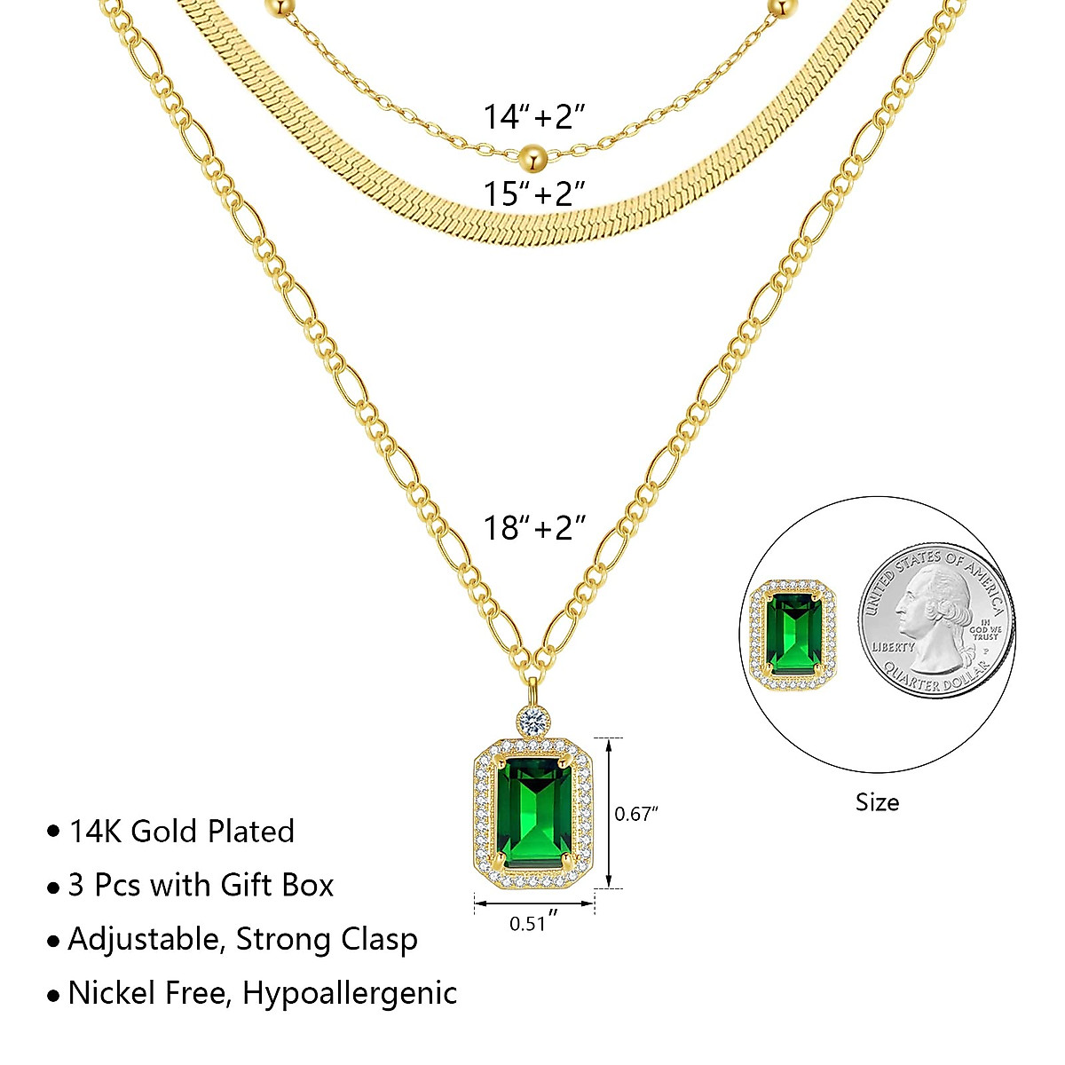 HAXIYA Gold Layered Necklace for Women 14k Gold Plated Emerald Pendant Necklaces for Women Dianmond Necklace Set, Jewelry Gifts