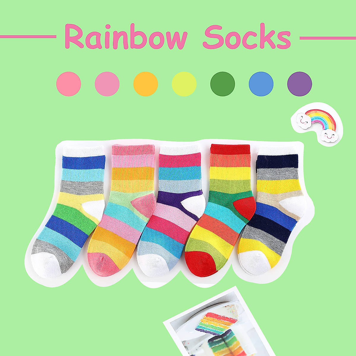 Marchare Girls Seamless Crew Cotton Socks Kids Casual Socks School Socks Rainbow Stripes Color A 5 Pack 6-8 Years