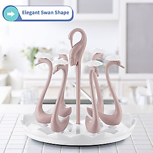 MOLIGOU Cup Drying Rack, Mug Dryer Rack with Drip Tray, Rotating Bottle Drying Stand Holder for Kitchen Counter, 6 Holders (Pink Swan)