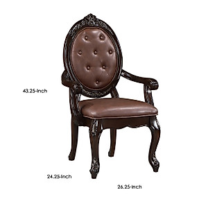 Benjara Cran 24 Inch Dining Armchair, Carved Details, Faux Leather Seat, Brown