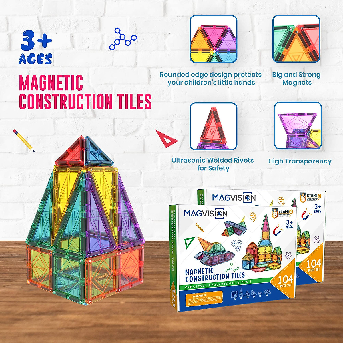 MagVision 208-Piece Magnetic Building Tiles Set, Stem Magnetic Building Blocks, Extra Strong and Safe Magnets, Stem Toys, Magnetic Blocks, Educational Toys for Children Ages 3+ Years