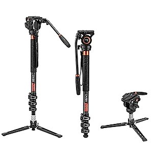 Cayer CF34 Carbon Fiber Camer Monopod Kit, 71 inch Professional Telescopic Video Monopods with Video Fluid Head and Folding Support Base for DSLR Video Cameras Camcorders, Plus 1 Extra Sliding Plate