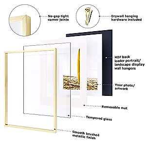 Homeforia - 12x16 inch Metal Picture Frame - 12 x 16 Aluminum Photo Frames - 12x9 Mat - Tempered Glass - Wall Hook Included - Set of 1 - Gold