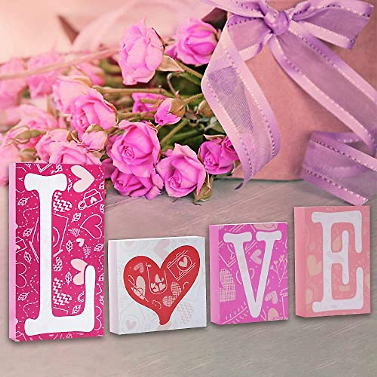 JOYIN Valentines Day Table Decoration Love Wooden Blocks Love Signs, Home Decoration Love Letter Signs, Freestanding Table Sign Home Accent for Girlfriend Wife Party Wedding Birthday Decor (Pink)
