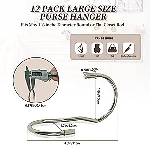 12 Pack Purse Hanger for Closet, DSVENROLY Unique Twist Design Closet Organizer Hanger Hooks, Closet Hooks for Hanging Purses Handbags Clothes Pans and Pots (Silver)