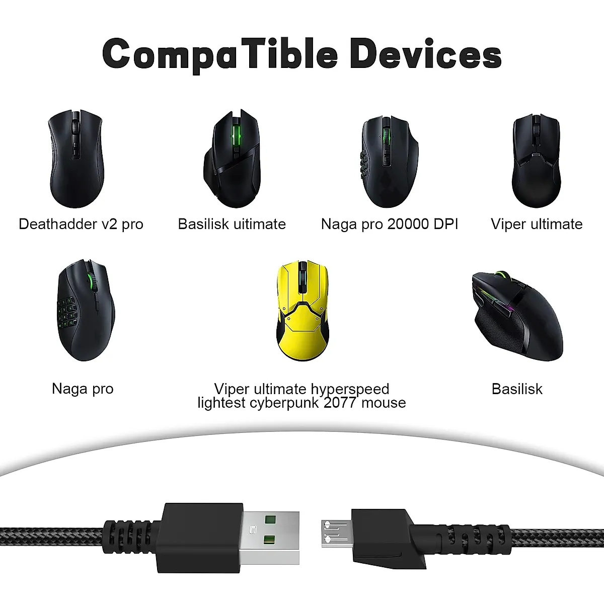 Alitutumao Viper Ultimate Braided Mouse Charging Cable USB Micro Cord Compatible with DeathAdder V2 Pro, Razer Naga Pro, Naga Pro 20000 DPI, Basilisk, Viper Ultimate Wireless Gaming Mouse