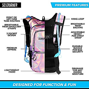 SOJOURNER Rave Hydration Pack Backpack - 2L Water Bladder Included for Festivals, Raves, Hiking, Biking, Climbing, Running and More (Medium) (Holographic - Pink)