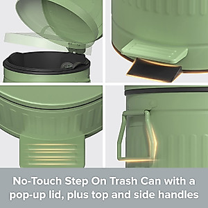 Retro Trash Can with Lid - 8L/2.1Gal Step Trash Can w/ Soft Closing Lid - Round Garbage Can w/ Handles - Touchless Trash Can w/ Removable Garbage Guard Bucket - Outdoor Garbage Can - Large Trash Bin, Green