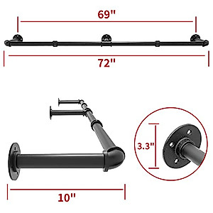 PNBO Wall Mounted Clothes Rack 72" Set of 2,Industrial Pipe Clothing Rack Wall Mounted Max Load 135Lb,Wall Mounted Garment Rack Space-Saving,Clothes Hanging Rod Bar Multi-Purpose Hanging