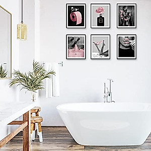 HoozGee Fashion Bathroom Wall Art Prints Decor Set of 6 Pink Glam Glitter Tissue Canvas Posters Pictures Photos Bathroom Artwork Wall Black and White Modern Women Funny Bathroom (8"x10" UNFRAMED)