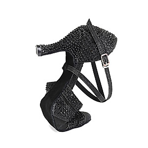 ROGMUJEN Women Girls Ballroom Dance Shoes - Latin Salsa Shoes with Rhinestones for Practice Performance Tango Party Dress,Black,9US,M1025