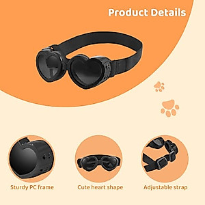 Small Dog Sunglasses Dog Goggles: UV Protection Wind Protection Dust Protection Fog Protection Pet Heart Glasses with Adjustable Strap, Fashion Cool Pet Sunglasses Cute Dog Bows Accessories (Black)