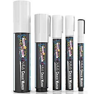 CHALKY CROWN 5pc White Chalk Markers - Non-Toxic Liquid Chalkboard Markers, White Liquid Chalk Marker for Windows, Glass - 1, 3, 6, 10, 15mm Tips