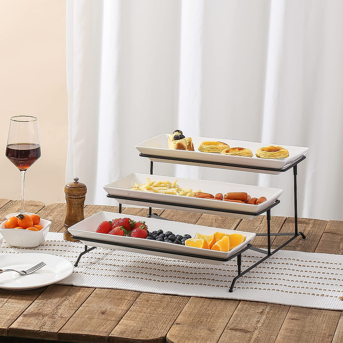 ZONEYILA Large 3 Tiers Serving Tray, 14 Inch Serving Platters with Collapsible Stand, Porcelain Serving Dishes for Entertaining, Suitable for Party Buffet Cupcake Dessert Table Display