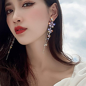fxmimior Silver Long Flower Earrings Purple Rhinestones Big Dainty Floral Drop Earrings Statement Charm Earring Body Jewelry for Women and Girls