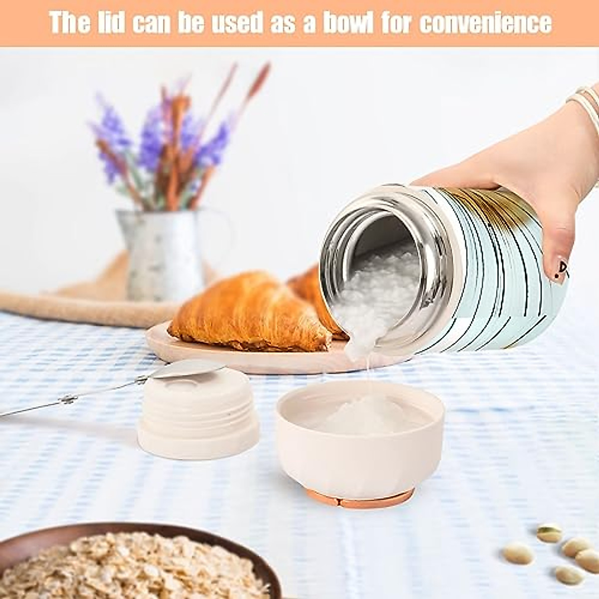 CUPADA Ginger Cat Lovely Food Jar, Broken Glass Design Insulated Hot Food Jars Vacuum 17OZ with Folding Spoon for Work Trip Picnic Camping