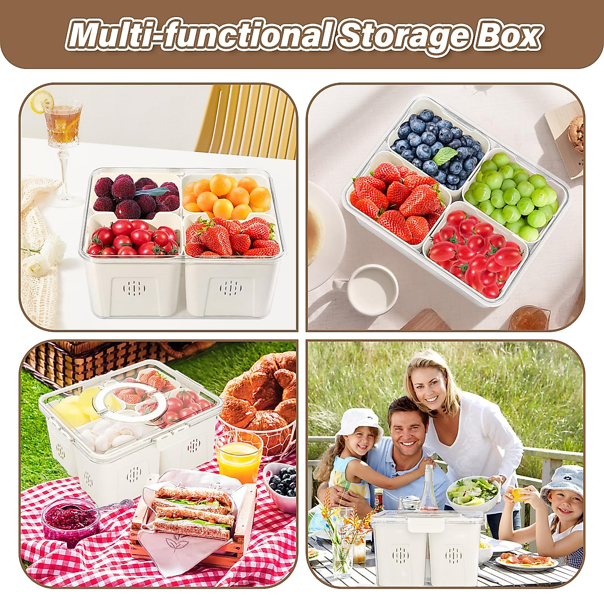 Fruit Storage Containers for Fridge: Divided Serving Tray with Lid and Handle - Snackle Box Container with 4 Removable Colanders - Berry Vegetable Fresh Produce Saver Refrigerator Organizer Bins