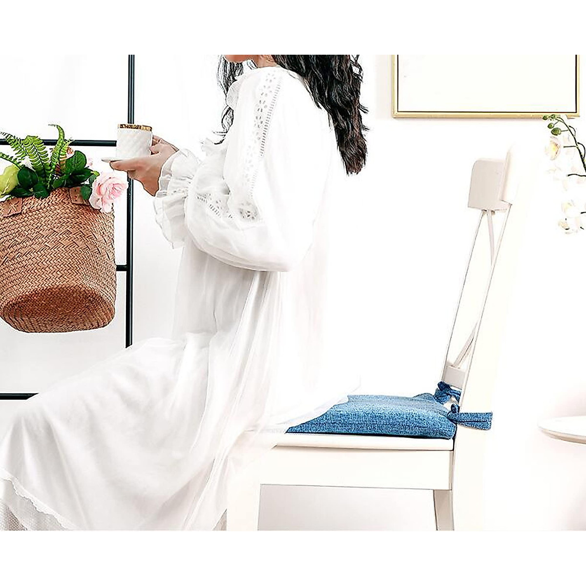 Dining Chair Cushions with Ties Set of 4,Cotton and Linen Washable Square Chair Pads with Straps Comfort and Softness Seat Cushions for Kitchen Office Chairs Living Room,18" x 18" (Beige)