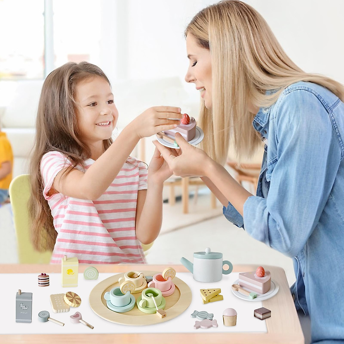 Smartwo Wooden Tea Party Set for Little Girls, 34 PCS Wooden Tea Set for Toddlers 3-5, Pretend Play Kids Wood Tea Set Toy, Play Kitchen Accessories with Play Food, Improve Imagination