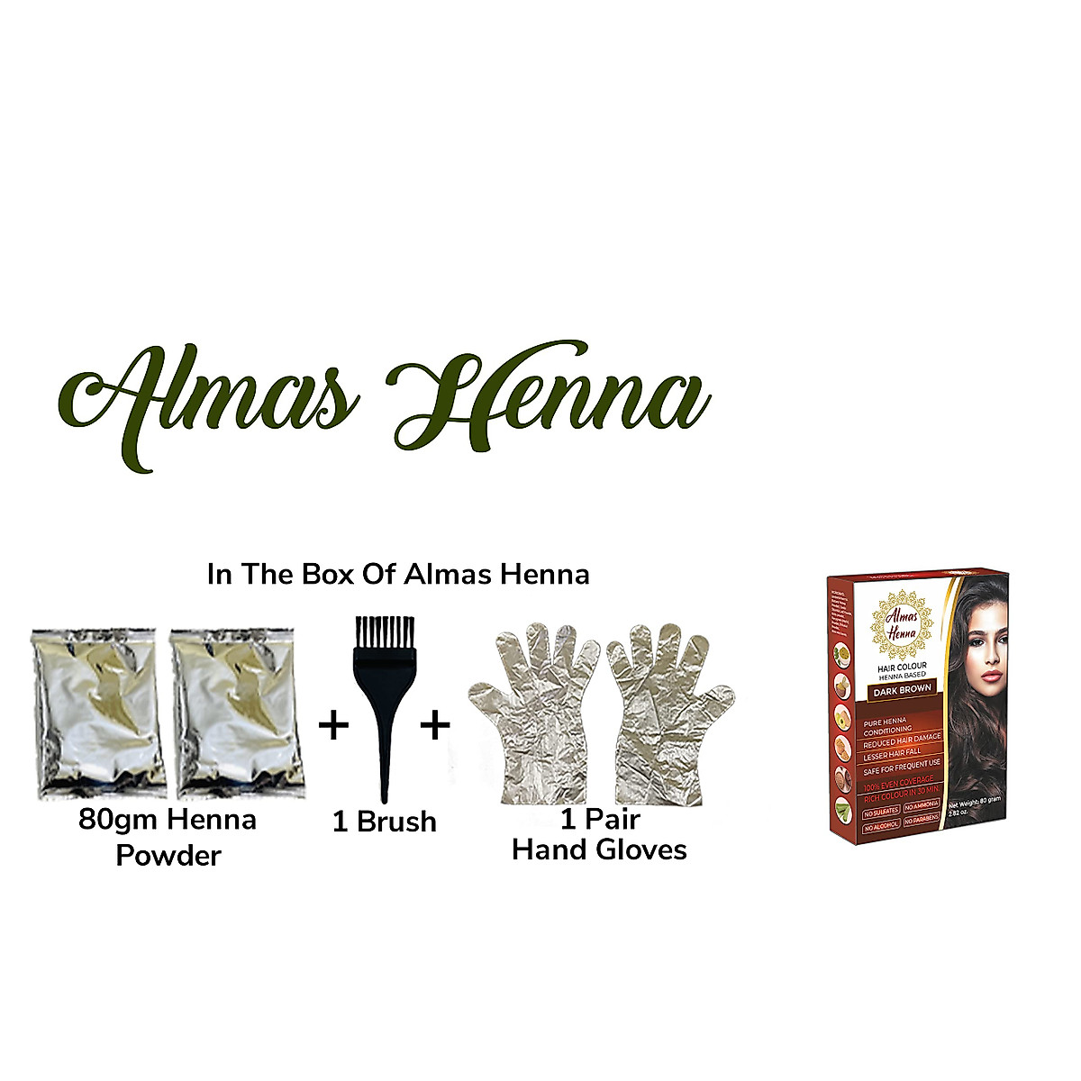 Almas Henna 80 GRAM 100% Organic Hair Color Powder Infused with Herbs, Natural Henna for Soft Shiny Hair (2.82 OUNCE, DARK BROWN)